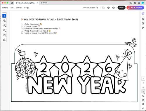 New Year 2026 Crown Craft & Coloring Page | Headband Hat Activity ...