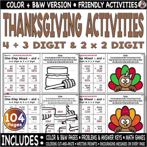 Thanksgiving | One step Mult, Div 4 ÷ 3, 2 x 2 Digit, Solve, Games ...