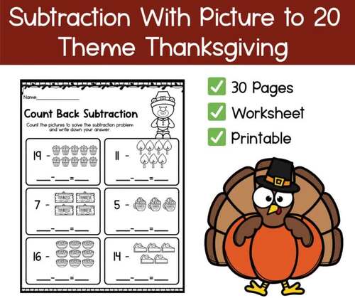 Thanksgiving Subtraction With Picture To 20 Worksheet |Subtraction sums ...