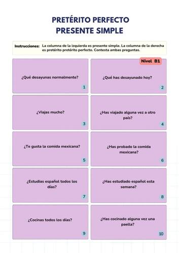 PRETERITO PERFECTO PRESENTE TARJETAS DE CONVERSACIÓN. P.PERFECT + PRESENT