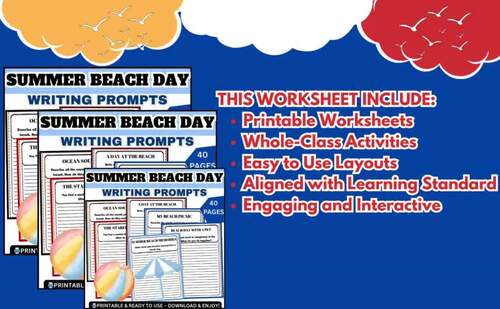 Summer Beach Day Writing Prompts Worksheet Activities, 2nd 3rd 4th 5th ...