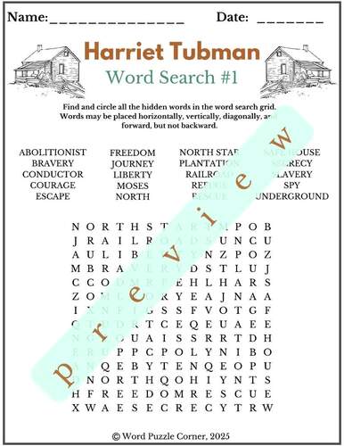Harriet Tubman | Word Searches | Crosswords | Word Scrambles | Secret ...