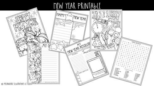 New Year Printable Packet, Coloring Page, Word Search by Melonheadz Clipart
