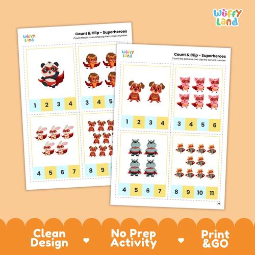 Superhero Math Counting Clip Cards 1-20 | Animal Number Flashcards for ...