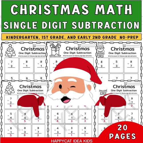 Christmas Math Single Digit Subtraction Worksheet No-prep Kindergarten ...