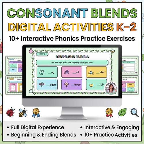 Summer Consonant Blends Worksheets K-2 Bug Hunt Activities + Slides Phonics