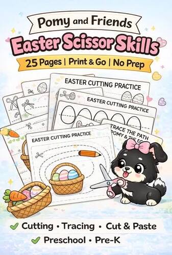 Pomy and Friends Easter Scissor Skills | 25 Page Cut and Paste Worksheets
