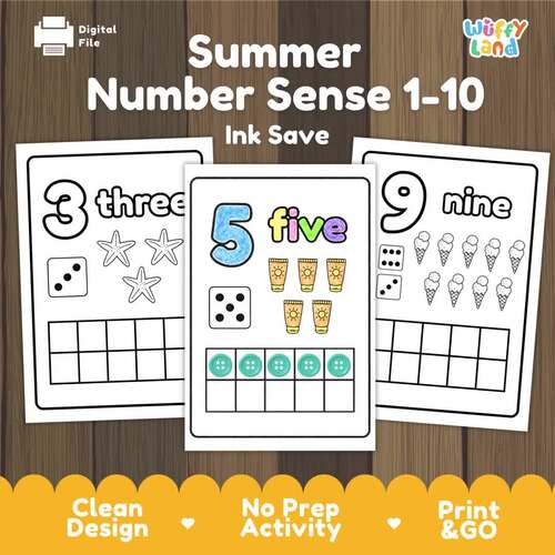 Summer Math Worksheets 1-10 | Number Sense & Ten Frames | Kindergarten