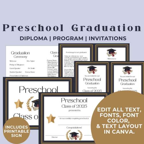 Preschool Graduation Template Bundle | Editable Canva Set | Diploma ...