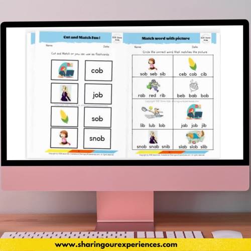 CVC "ob" word family printable Phonics worksheets for kids by SOE store