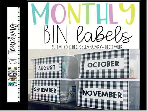 Monthly Bin Labels in a Farmhouse Buffalo Check Theme by Magic of Teaching