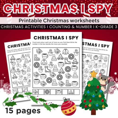 Christmas I Spy Worksheets for Kindergarten, Holiday Counting & Number ...