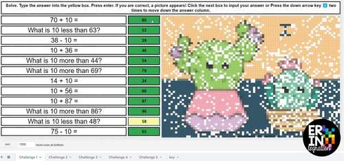 Valentines Day Pixel Art Math Practice | 10 More 10 Less | Cactus Valentine