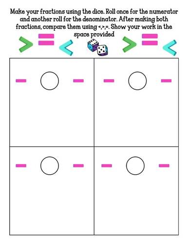 Comparing Fractions Greater Less Equal Math Dice Game Activity Fun May June