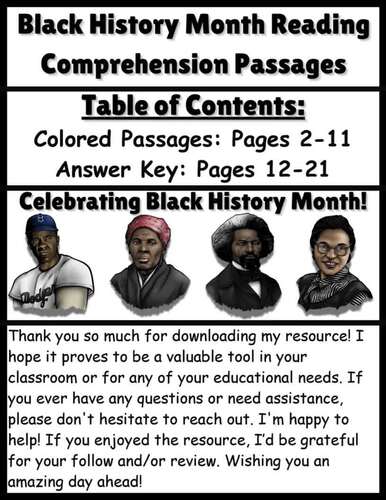 10 Black History Month Reading Comprehension Passages 1st Grade 2nd ...