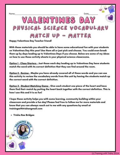 Physical Science Vocabulary Matter Valentine’s Day Activity | TPT