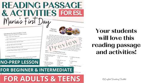 Adult ESL Reading Comprehension Passage & Activities - Maria's First ...