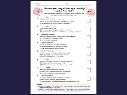 Growth Mindset Self-Assessment Self-Evaluation | Learning Thinking ...