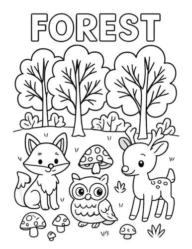 forest coloring page, nature, woodland, animals, trees, fall, coloring ...