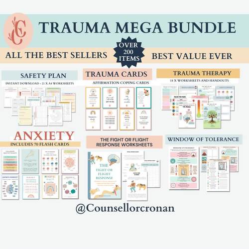 Trauma therapy mega bundle, anxiety coping skill cards, therapy ...
