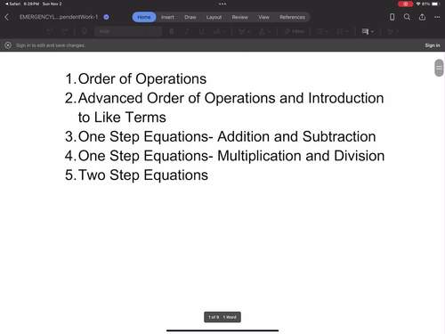 EMERGENCY LESSON PLANS- Algebra One- ONE WEEK - No Prep- Lesson & Practice