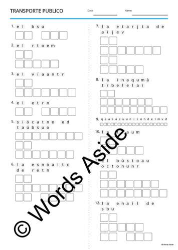 Spanish Word Games Cards Crossword Word Search Anagram TRANSPORTATION