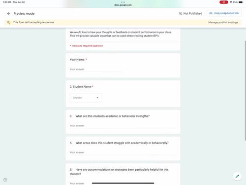 IEP Teacher Input Form | General Ed Feedback for EC Students (Google Form)