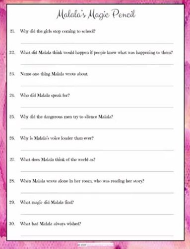 Malala's Magic Pencil Book Companion Comprehension Questions & Worksheets