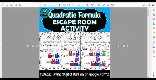 ESCAPE ROOM ACTIVITY Quadratic Formula DISTANCE LEARNING TpT