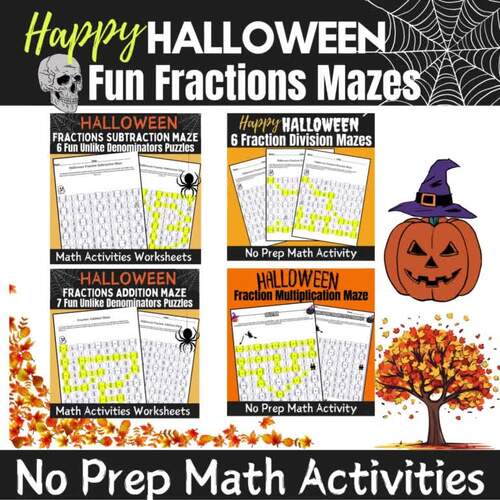 Halloween Math Fraction Mazes Bundle: Add, Subtract, Multiply, Divide ...