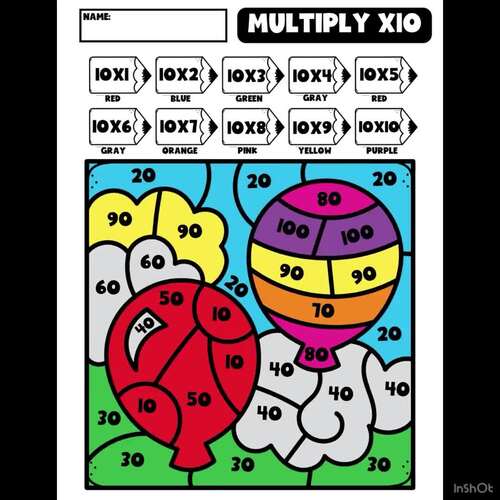 Color-by-Skill: Multiplying by 10s Worksheets by Whimsical Worksheets