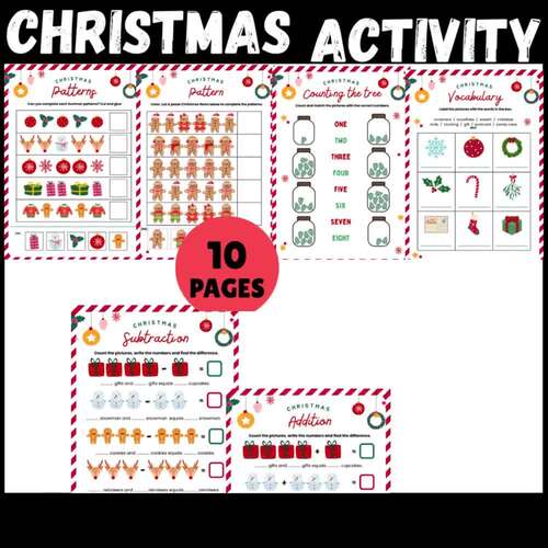 Christmas Activity Worksheets | 10 Pages NO PREP! | PreK-K Math & Literacy