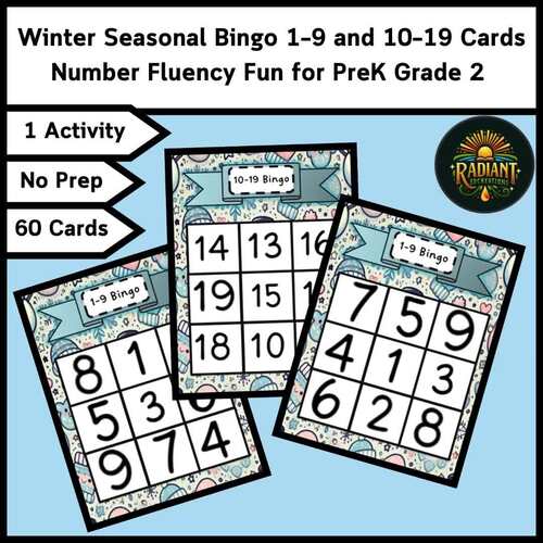 Winter Seasonal Bingo 1 to 9 and 10 to 19 Cards Number Fluency for PreK ...