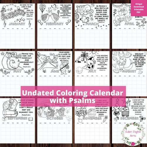 Cute Animals Christian Undated Coloring Calendar Bible Verses Psalms ...