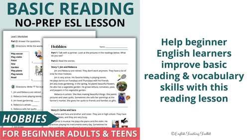 Beginner Adult ESL Short Story Reading Comprehension with Worksheets ...