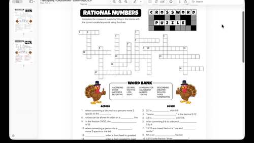 6th Grade Math Review Thanksgiving Activity Rational Numbers FDP Worksheet