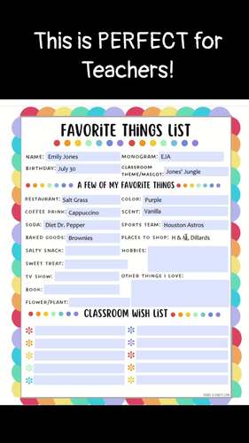 Editable Teacher Favorite Things List (Canva) | Teacher Questionnaire ...