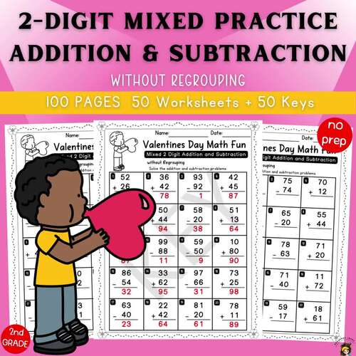 2 Digit Addition and Subtraction Without Regrouping Valentine's Day ...