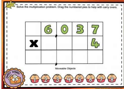 Thanksgiving 4 Digit by 1 Digit Multiplication Standard Form Boom Cards