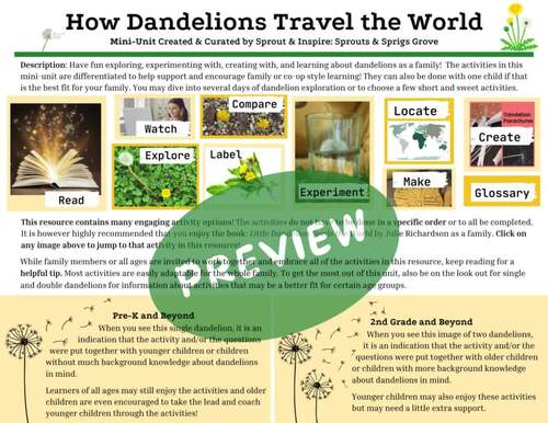 How Dandelions Travel the World Mini-Unit by Sprout and Inspire | TPT