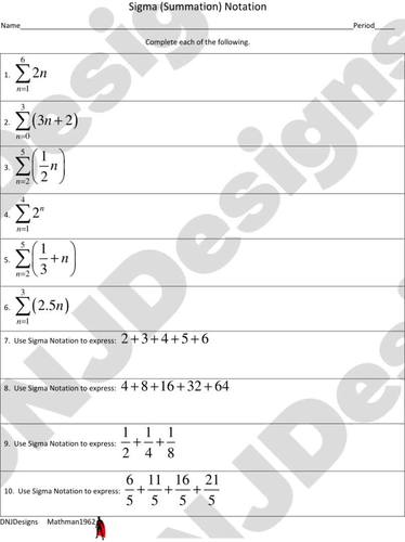 Sigma-Summation Notation Printable/Handout/Worksheet | TPT