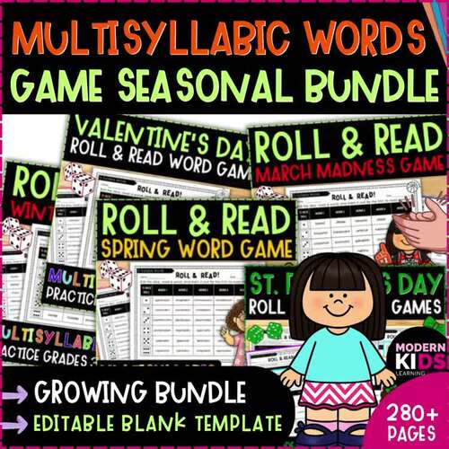 Roll and Read Multisyllabic Words Game Seasonal Mega Bundle- 3rd, 4th ...