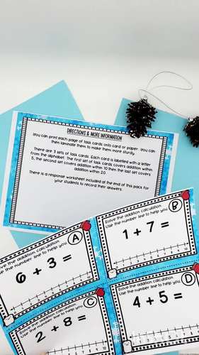 Winter Math Addition with a Number Line Task Cards Kindergarten 1st Grade