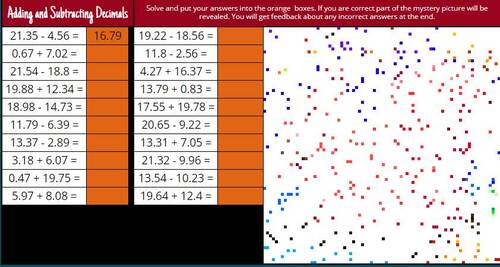 Adding and Subtracting Decimals Thanksgiving Fall 5th Math Pixel Art ...