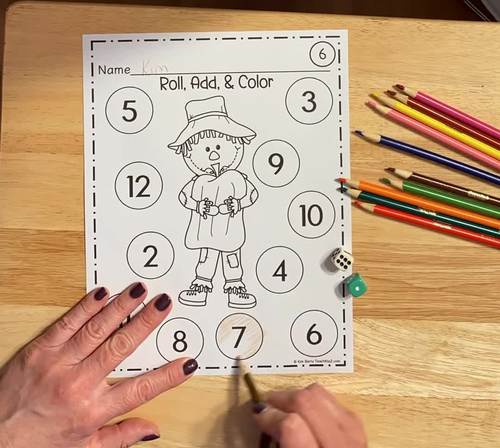Addition to 12 Worksheets Grades K-2 Fall Roll Add Color No Prep Dice Game