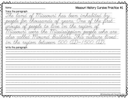 Missouri Social Studies History Cursive Practice Passages | TPT