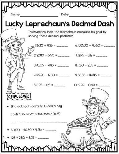 Lucky Leprechaun Math! St Patrick's Day Worksheets 5-6 Grade | Fun Math ...
