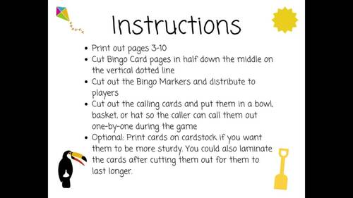 Summer Bingo Game, 10 Unique Cards, 30 Calling Cards, Bingo Markers