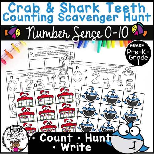 Ocean Crab & Shark Teeth Counting Scavenger Hunt | Number Sense 0–10 Math