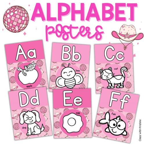 Pink Disco Cowgirl Alphabet Posters Elementary Classroom Decor Mirrorball